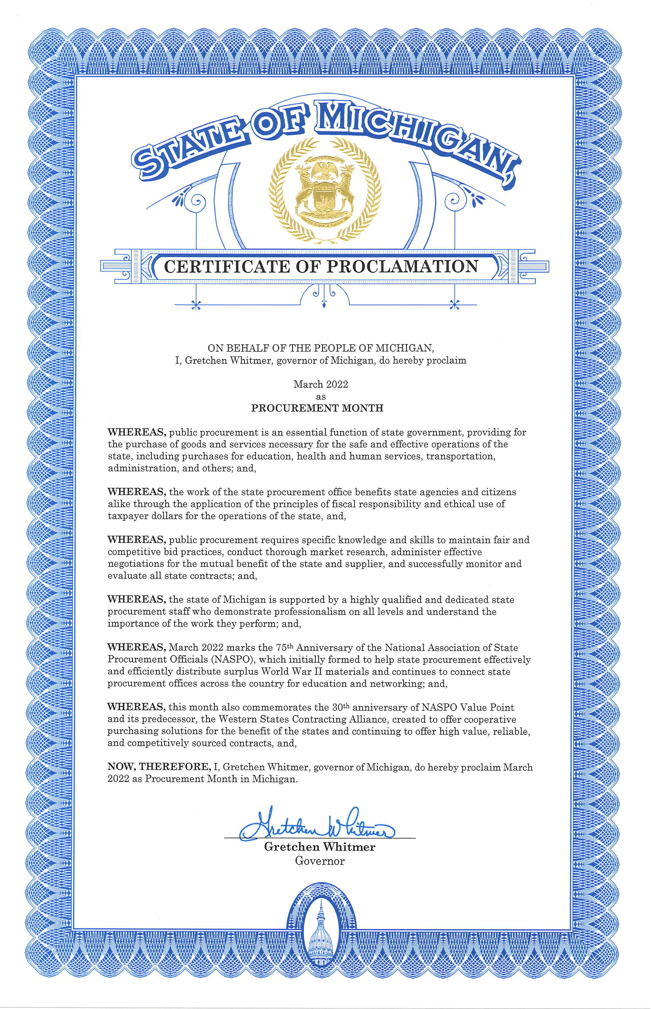 DTMB - Gov. Whitmer proclaims March 2022 as Procurement Month in Michigan